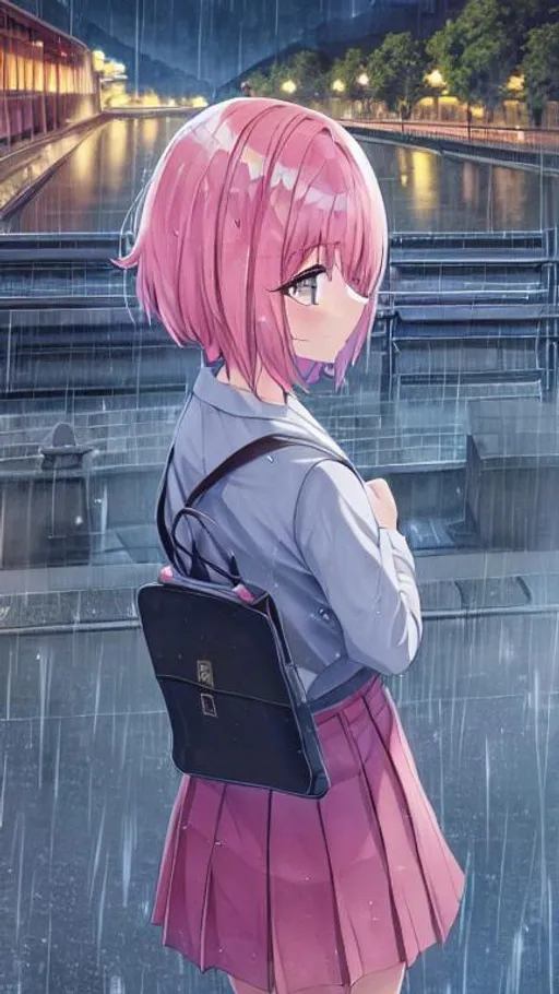 Girl with pink hair , night, anime, city, train, lan...