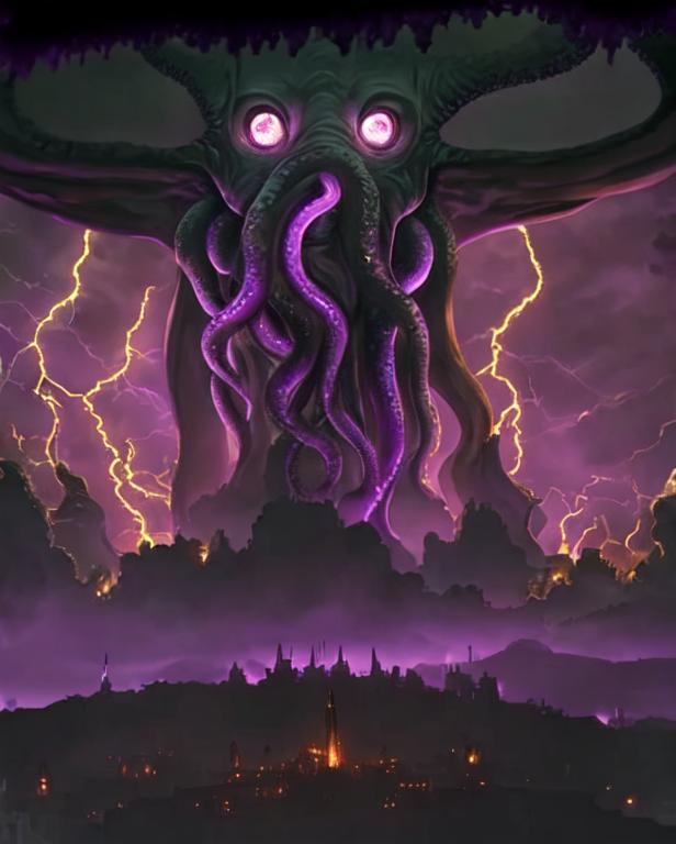 eldritch squid god towering over small village, tent... | OpenArt