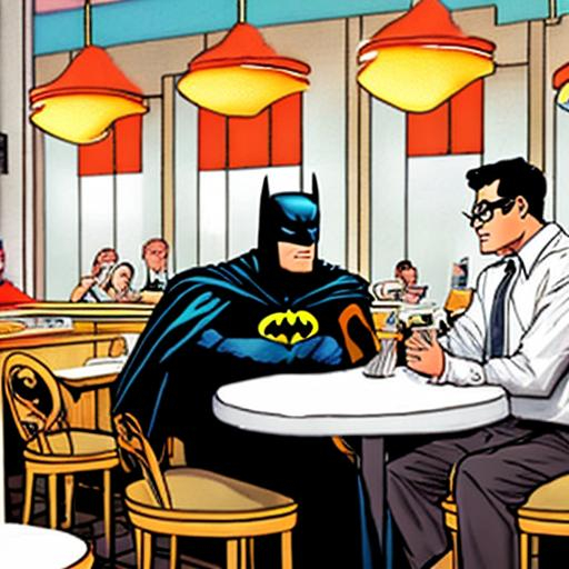 "batman and clark kent sitting at the same table, in... | OpenArt