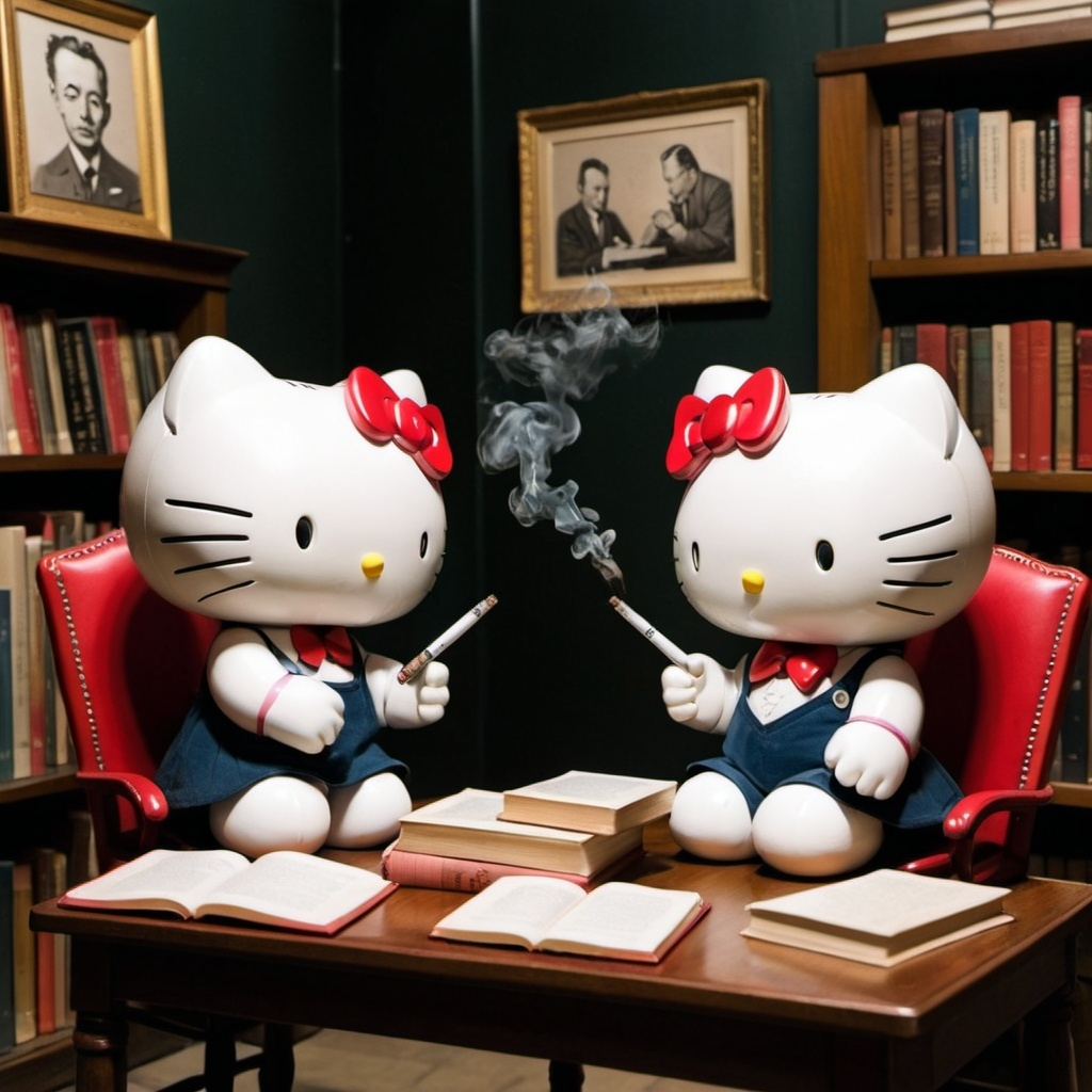 hello kitty debating fiercely with albert camus, the...