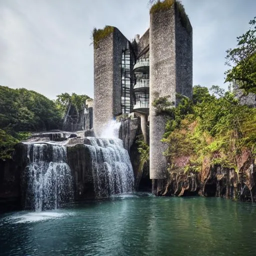 a large brutalist architecture castle on the edge o...