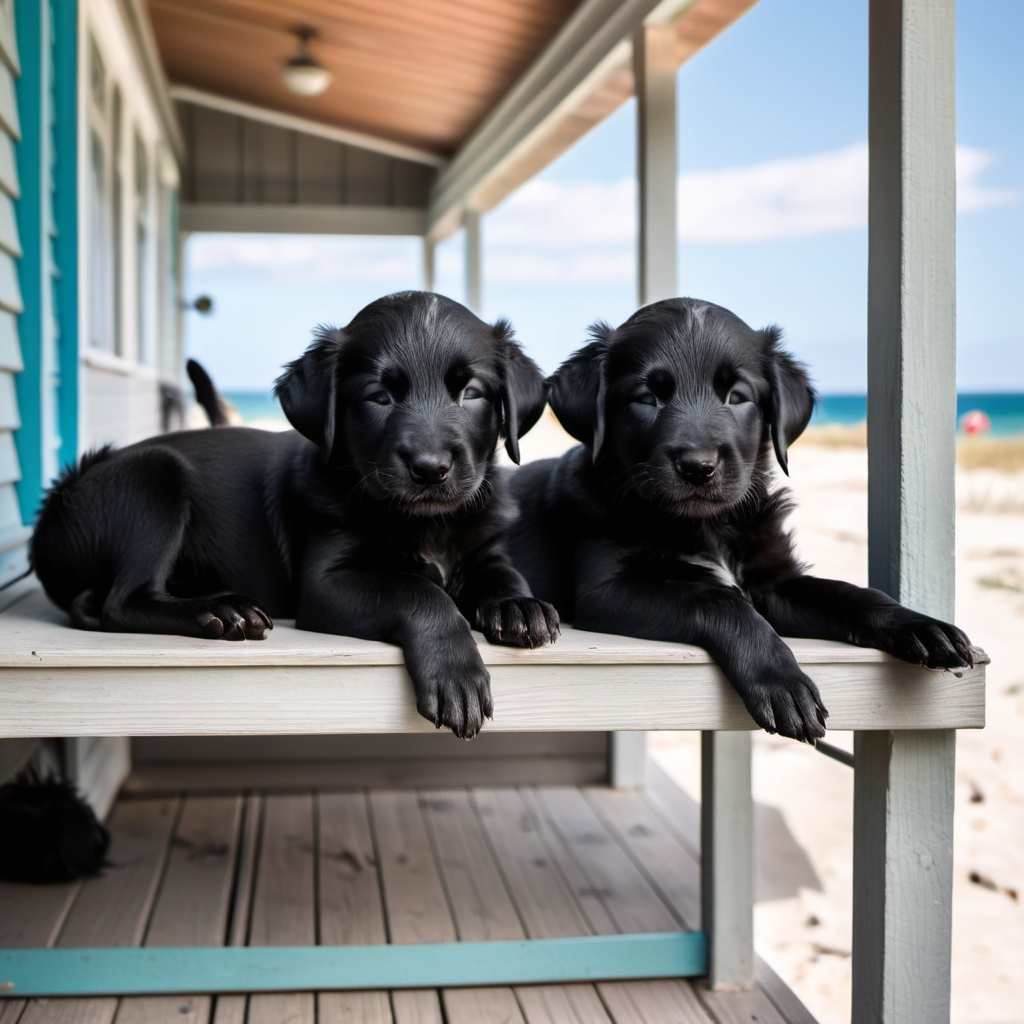two black dog puppies sleeping on a porch of a beach...