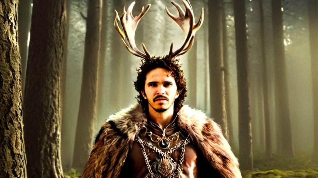 Anthropomorphic stag king, majestic antlers, divine...