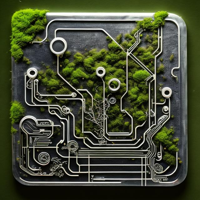 white gold circuit board with moss and roots growing...