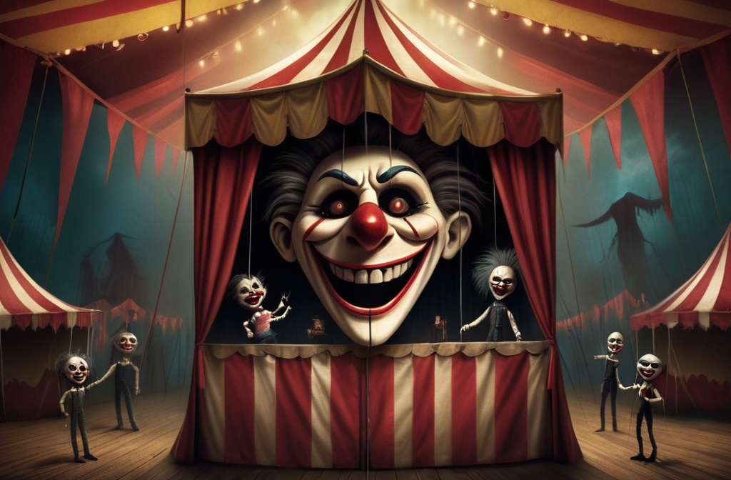 Set inside a creepy carnival tent featuring a stage,...