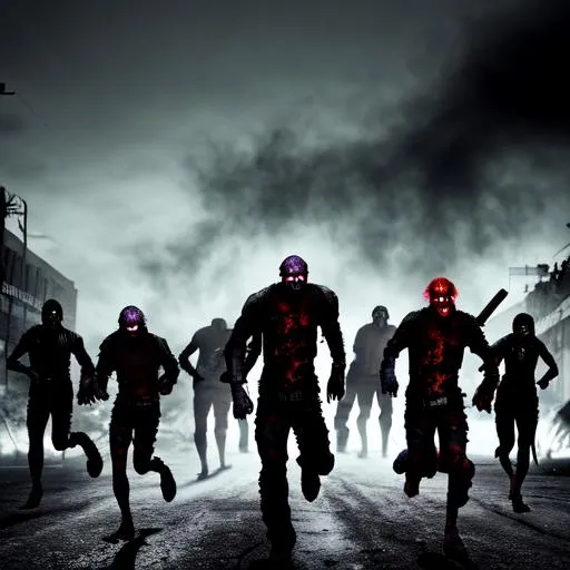 foggy, grey clouds, zombies, blood splatter, whit... | OpenArt