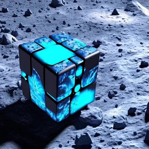 Alien blue Artifact cube in a asteroid | OpenArt