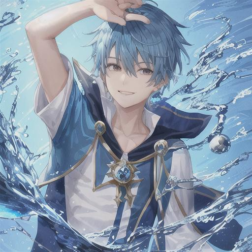 water, boy, blue hair, smile, wizard | OpenArt