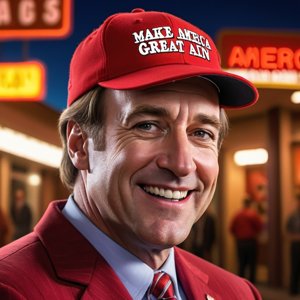 smiling Saul Goodman wearing a "make America great a...
