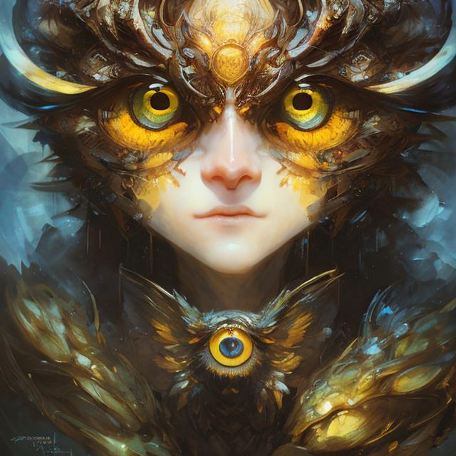 Human face with big yellow owl eyes, by Kawacy, Andr...