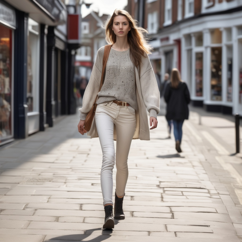 Tall young woman walking down the high street, detai...