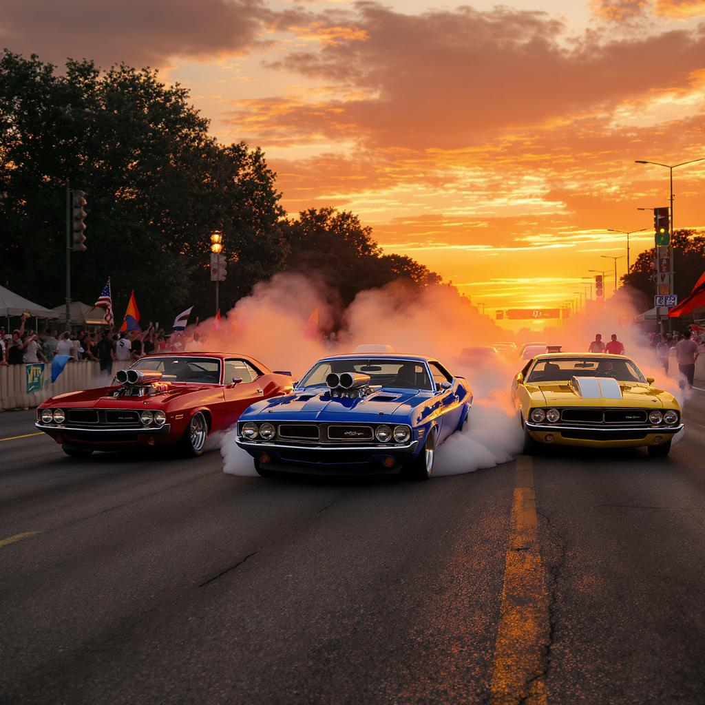 Three colorful muscle cars drag racing on Woodward A...