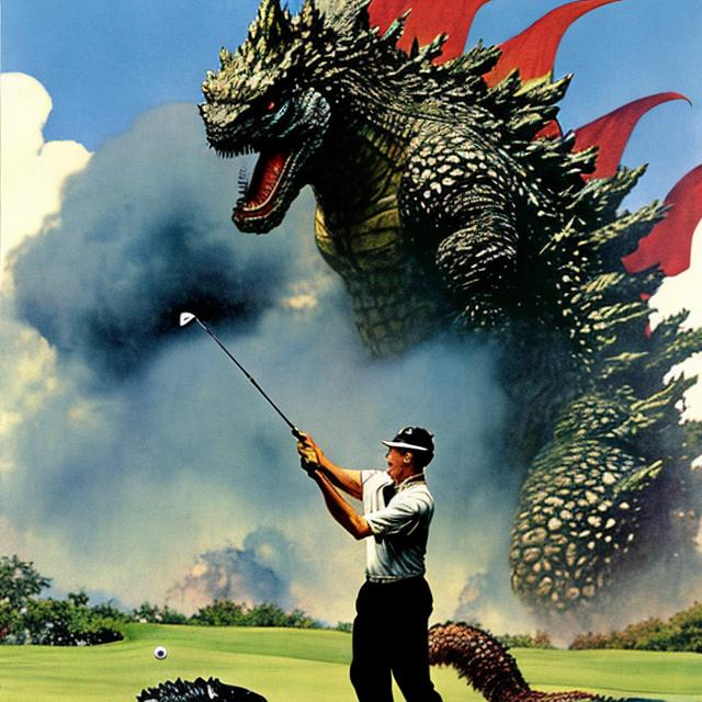 Godzilla playing golf with Mothra Norman Rockwell photo