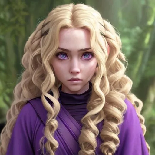 jedi girl with long, blonde, curly hair, purple clot... | OpenArt
