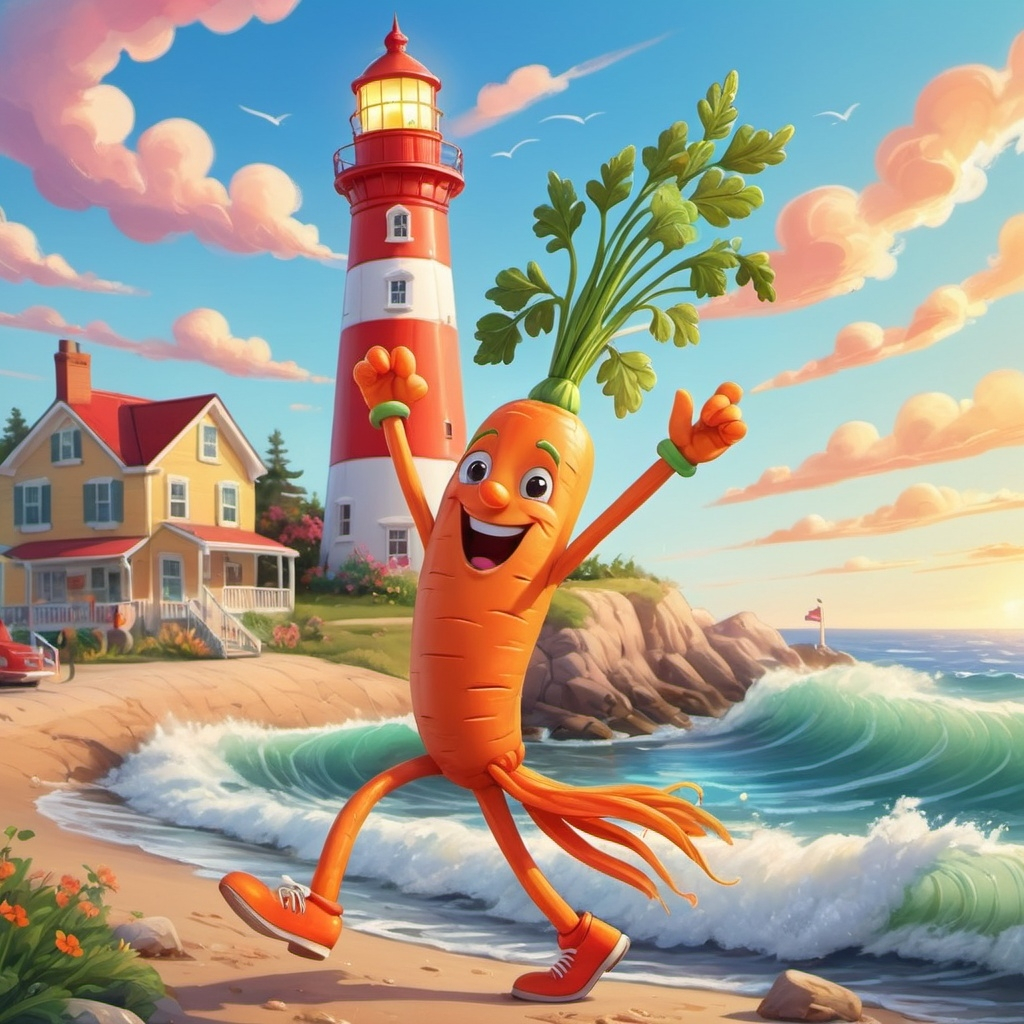 dancing carrot by lighthouse cartoon