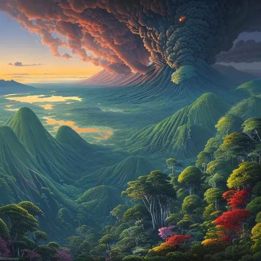 volcano on an island, with a rainbow over the volcan... | OpenArt