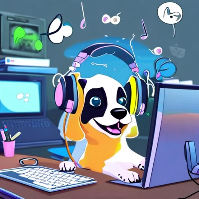 A Cartoon dog is listening music on computer. Hi tec...