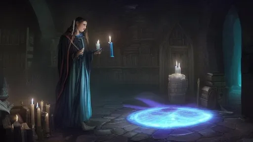 sorceress in a candlelit basement library standing n...