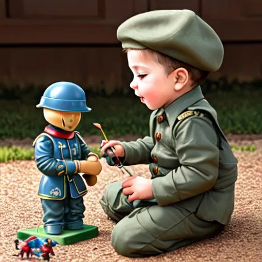 A little boy playing with his toy soldier.