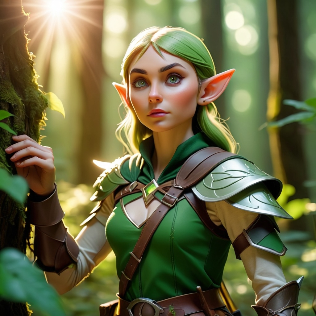 Elf ranger in a mystical forest around sunlight