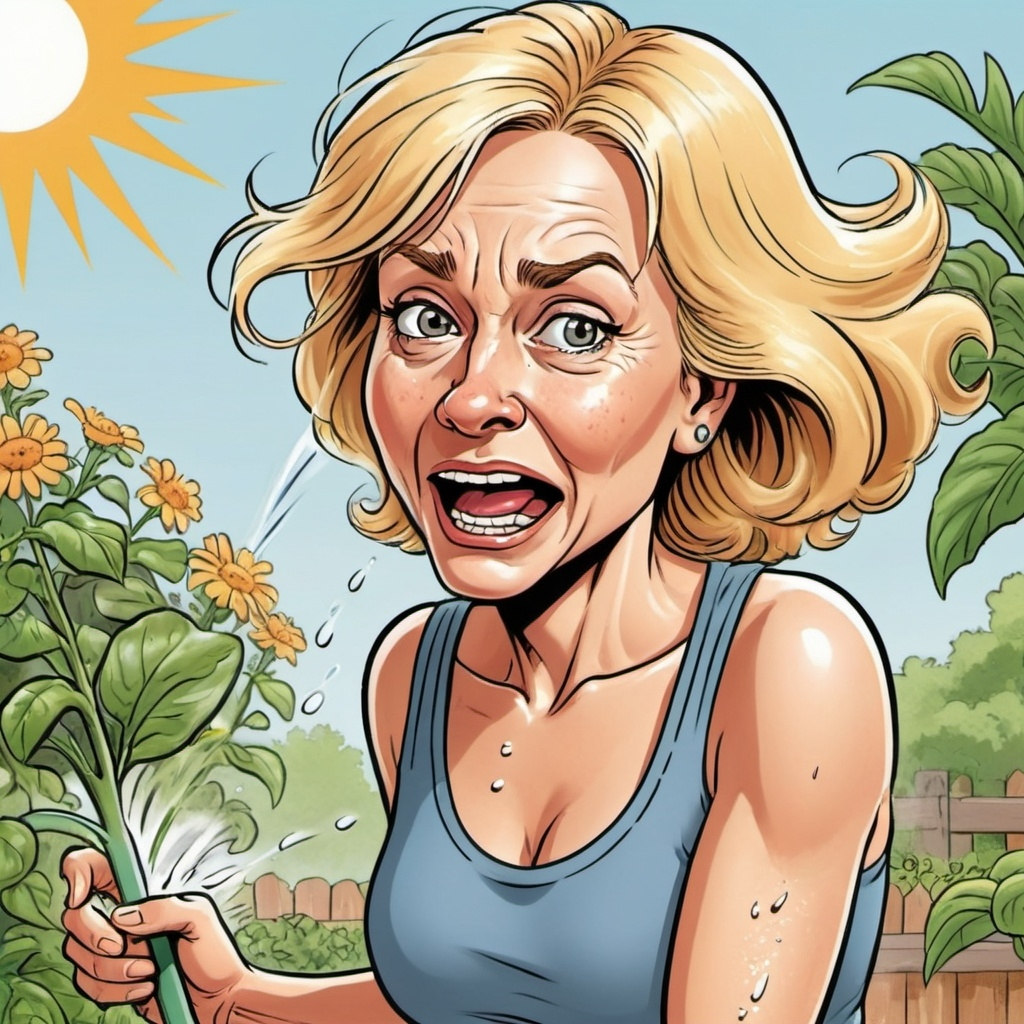 cartoon of woman with blonde hair in her 50s with pe...