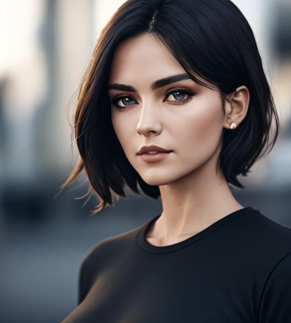 A plain looking WOMAN, photo portrait, black shirt,... | OpenArt