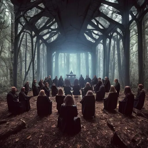 demonic cult meeting in an abandoned forest, retro sci
