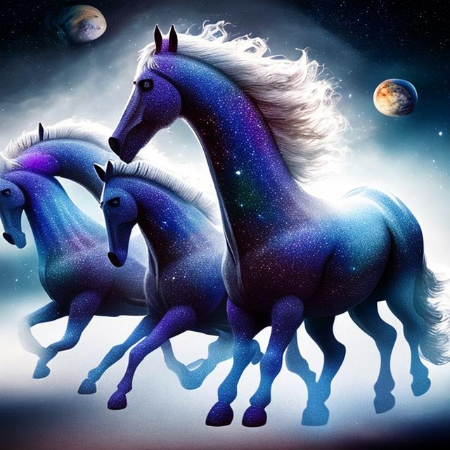 Interstellar chariot, horses made of galaxies, flyin...