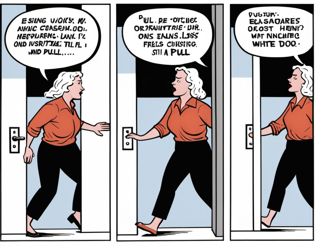 Comic strip. Panel depicts white woman pushing on a...