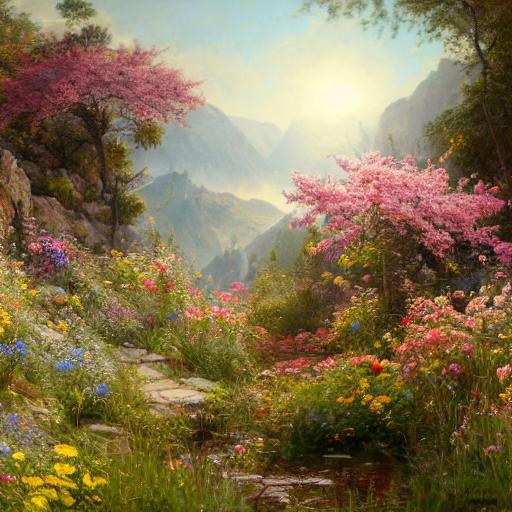 Spring, beautiful valley of flowers, realistic flowe... | OpenArt