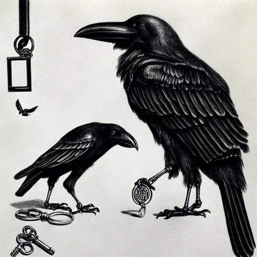 crow, (( holding skeleton key in beak)), realism, pe... | OpenArt