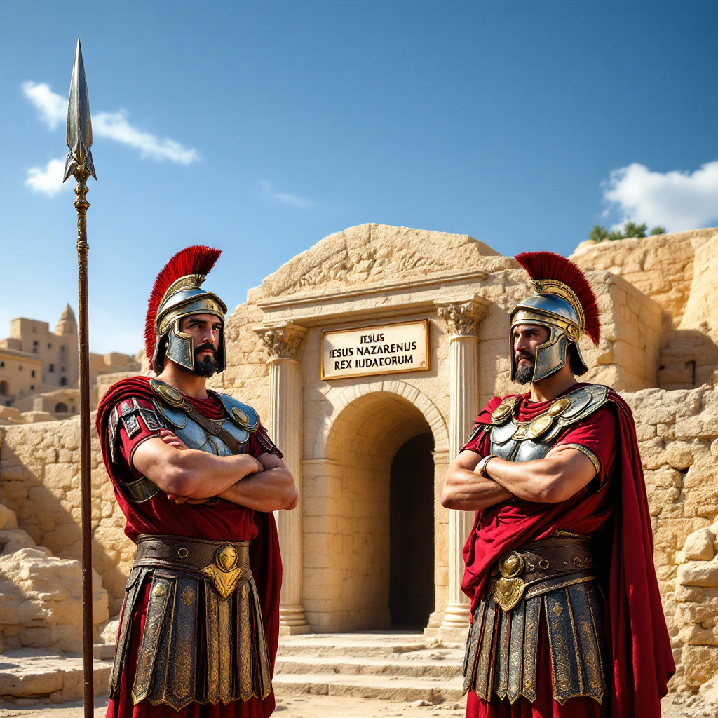 Roman Centurions standing guard at tomb of Jesus