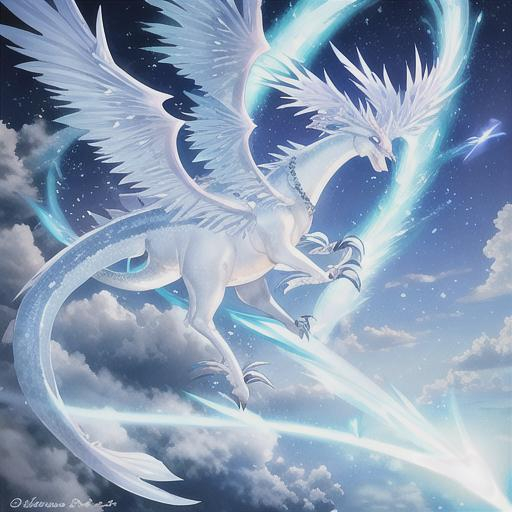 Ice dragon flying through clear sky, no clouds, smal...