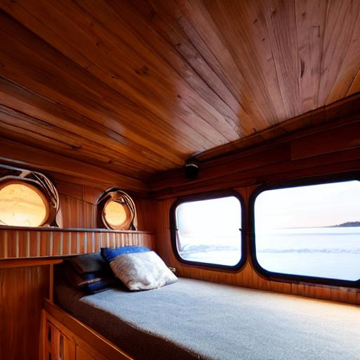 interior, wooden boat, main cabin, about four meters...