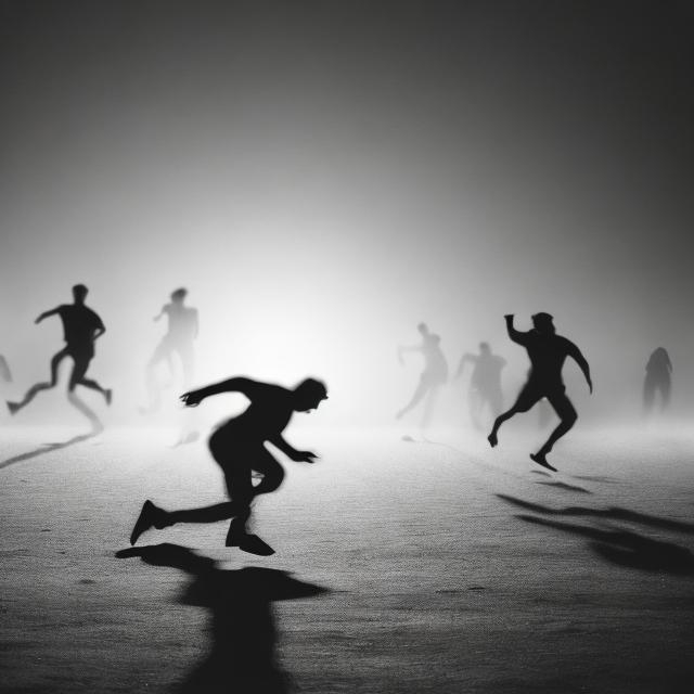 A man chasing another man. its a silhouette. so whit...