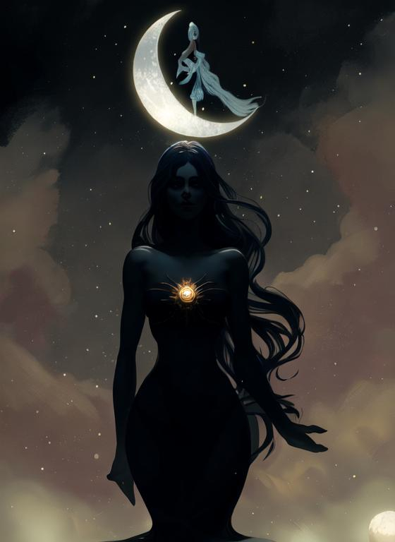 moon goddess, dark hair, illustration, artstation, d...
