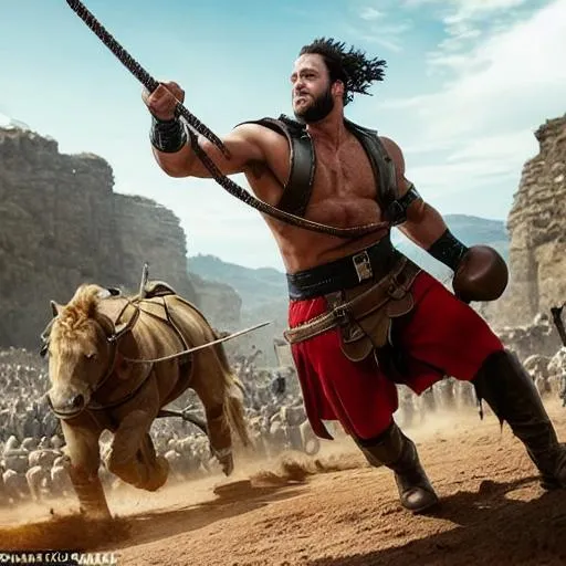 David on the plain with his rock and sling, Goliath...