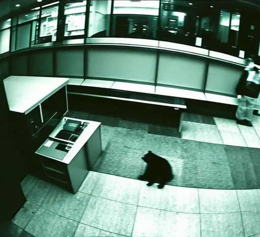 an CCTV footage of a bear inside a empty bank survei...