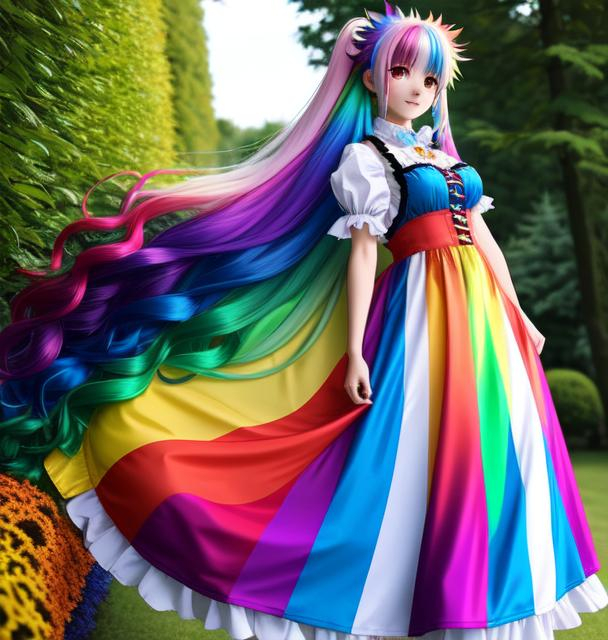 anime girl with long flowing rainbow hair with rainb...