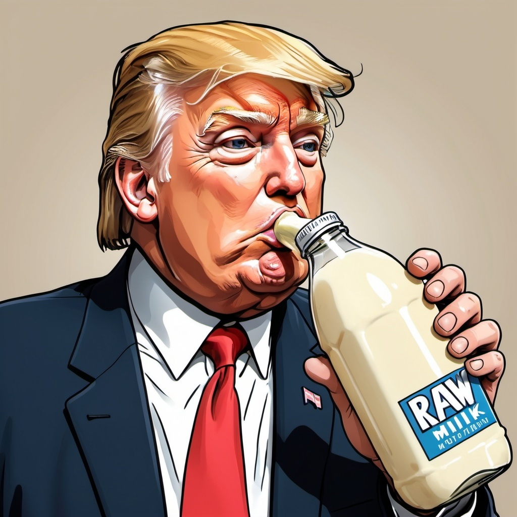 donald trump drinking from a bottle of raw milk in a...