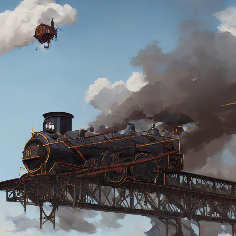 painting of a railway train steam engine flying in air