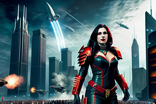 vampire space marine woman , realistic, sci-fi city... | OpenArt