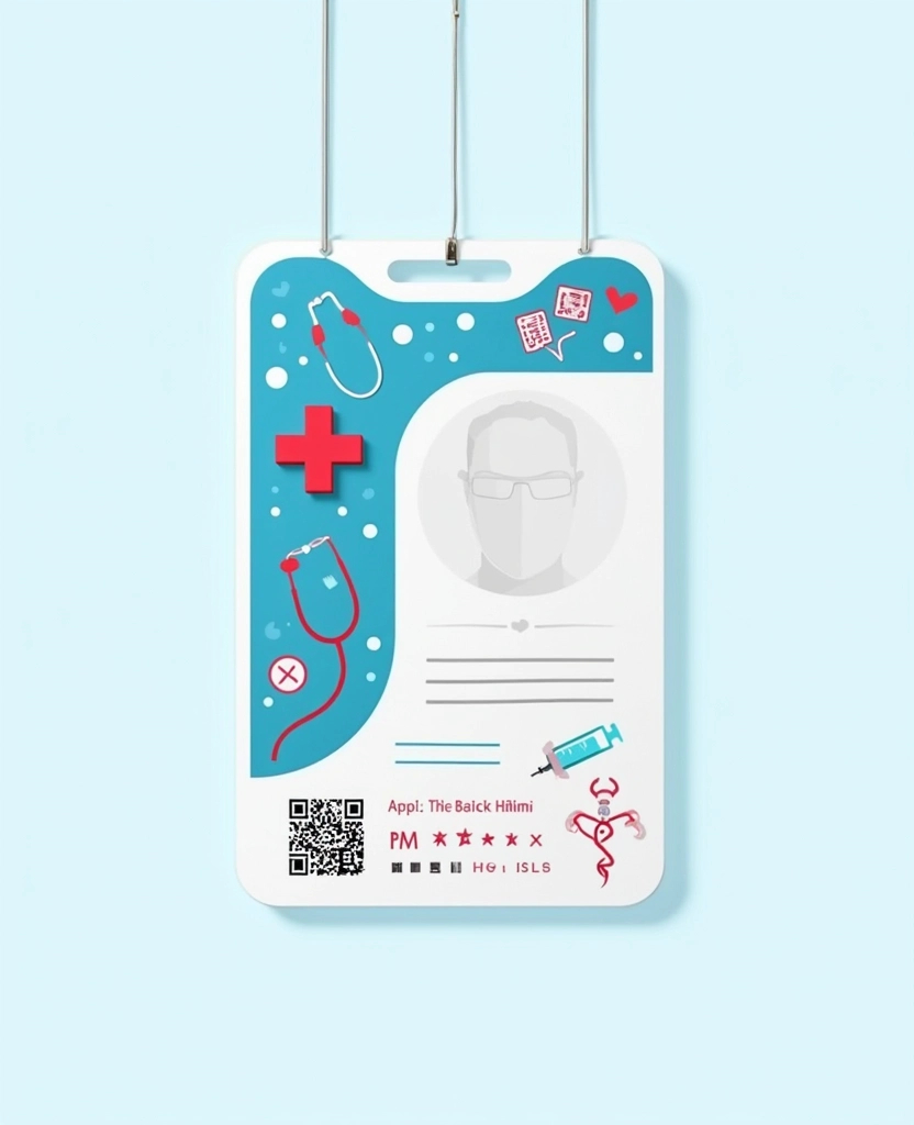 Create a illustration yet playful medical ID card fo...