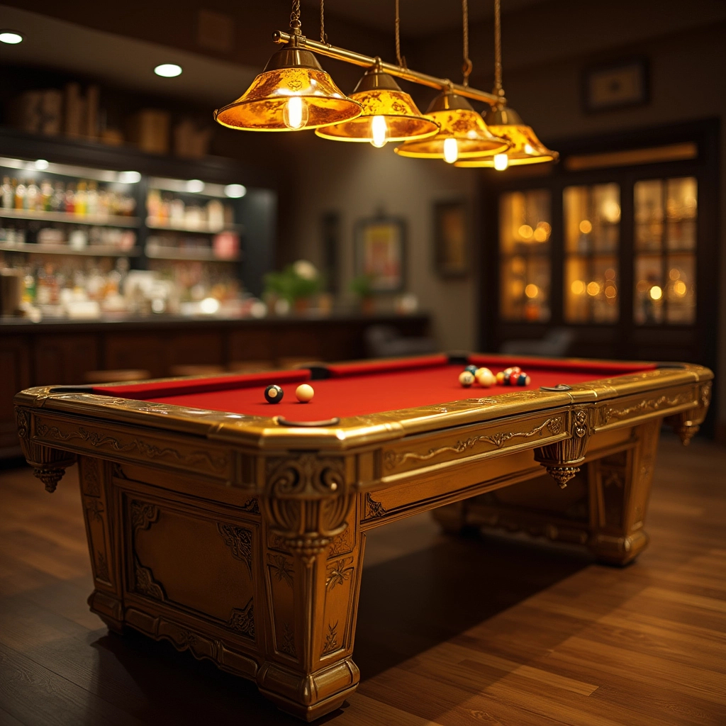 Gold pool table with gold flames gold 8 ball pool st...