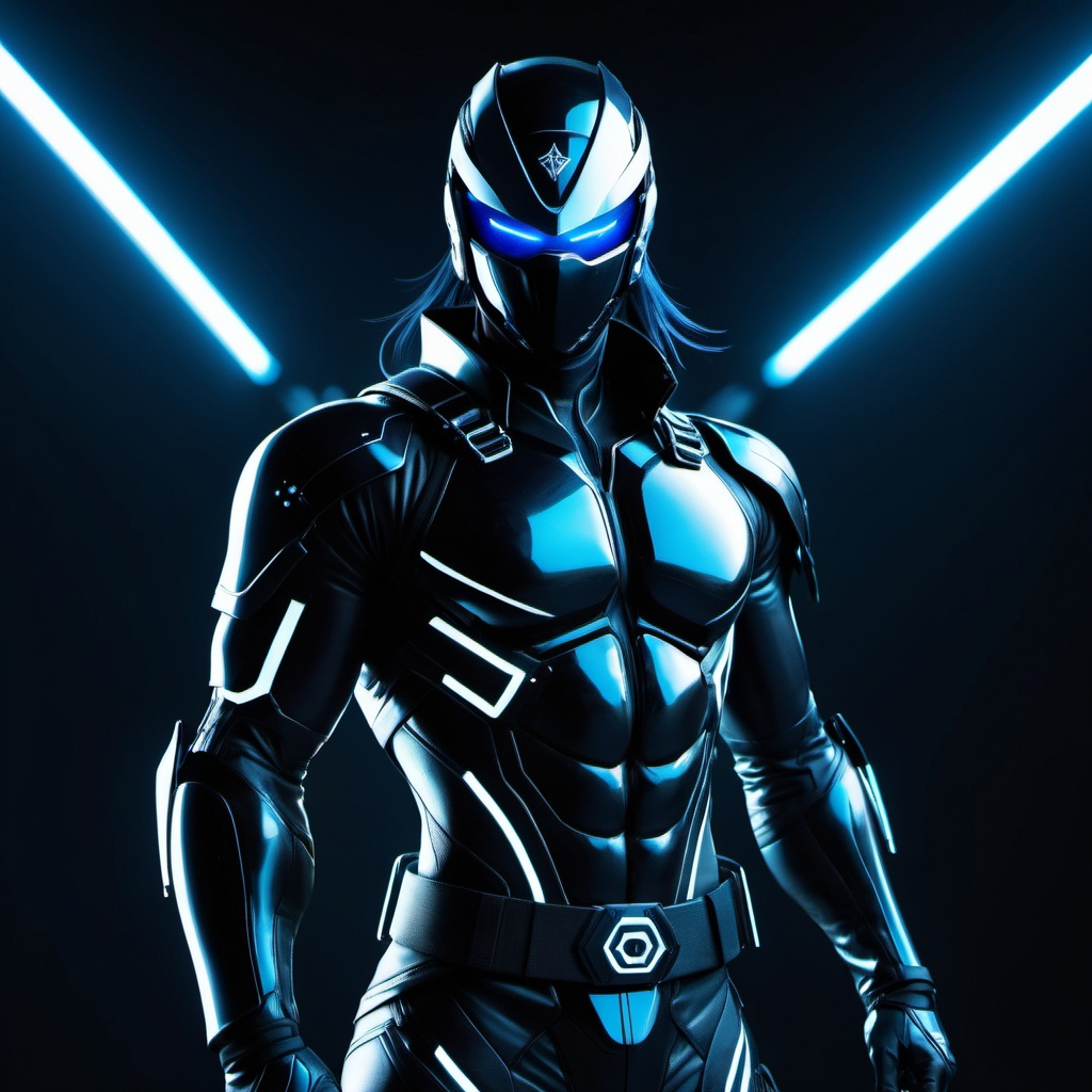 masculine, anime, cybernetic ninja in a striking out...