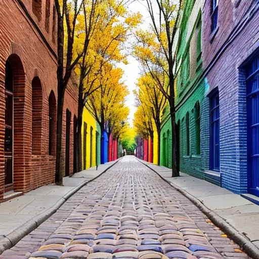 A beautiful road paved with colorful bricks with all... | OpenArt