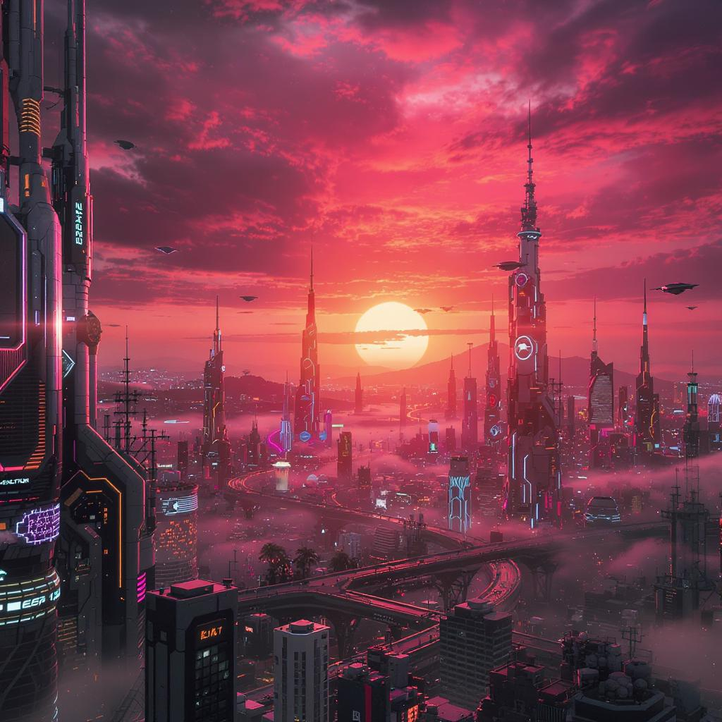 A futuristic city at sunset, highly detailed, cyberp...