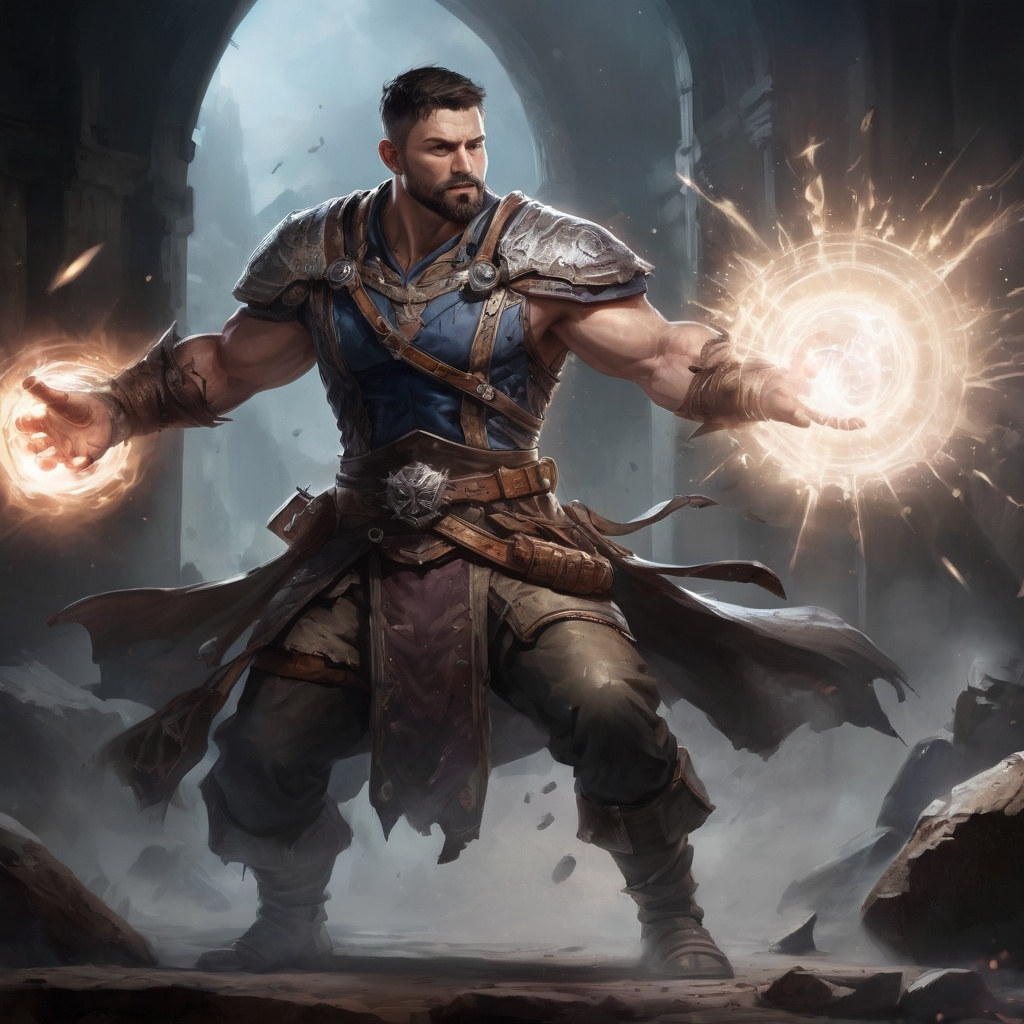 Male stocky large muscular battle-mage with short-cu...