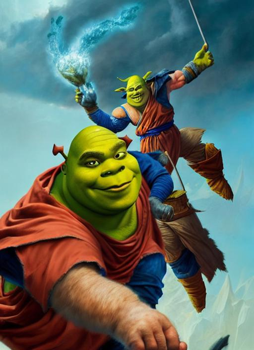 Portrait of Shrek fighting Goku, ocean, perfect comp... | OpenArt
