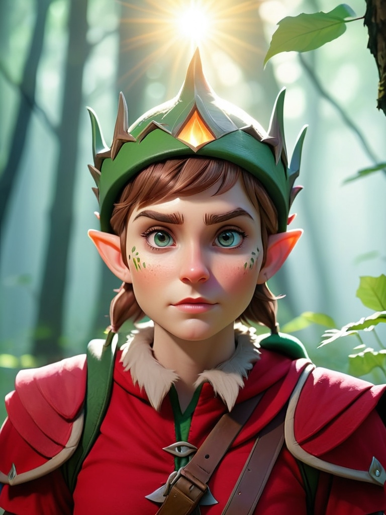 Elf ranger in a mystical forest around sunlight loo
